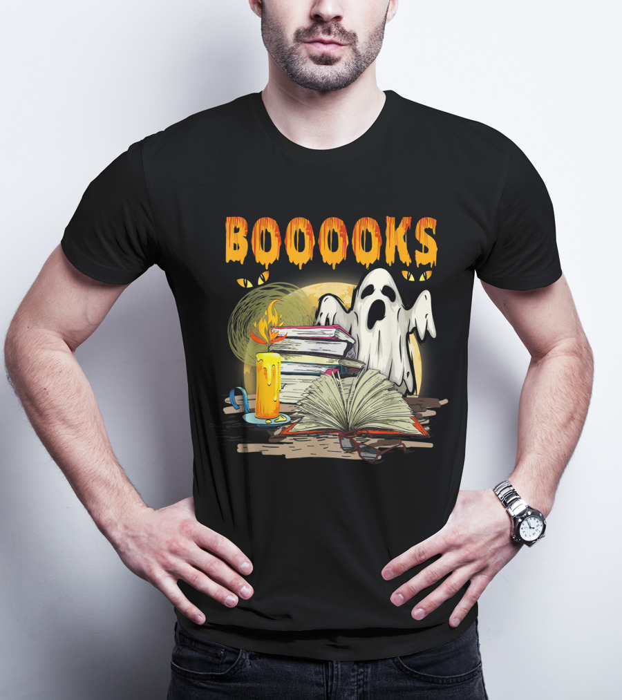 BOOOOKS Cute Ghost With Candles And Stacks Of Books T-Shirt
