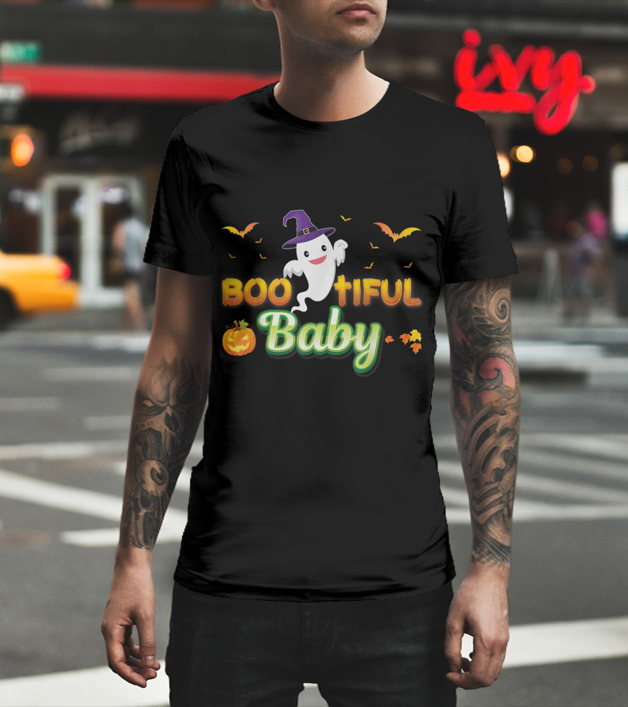 Bootiful Baby Cute Boo Ghost With Witch Hat And Pumpkin T-Shirt