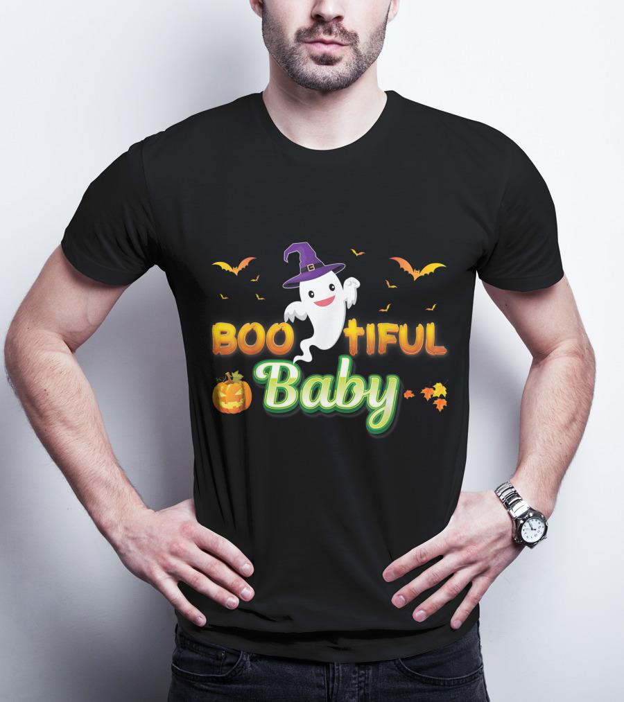 Bootiful Baby Cute Boo Ghost With Witch Hat And Pumpkin T-Shirt