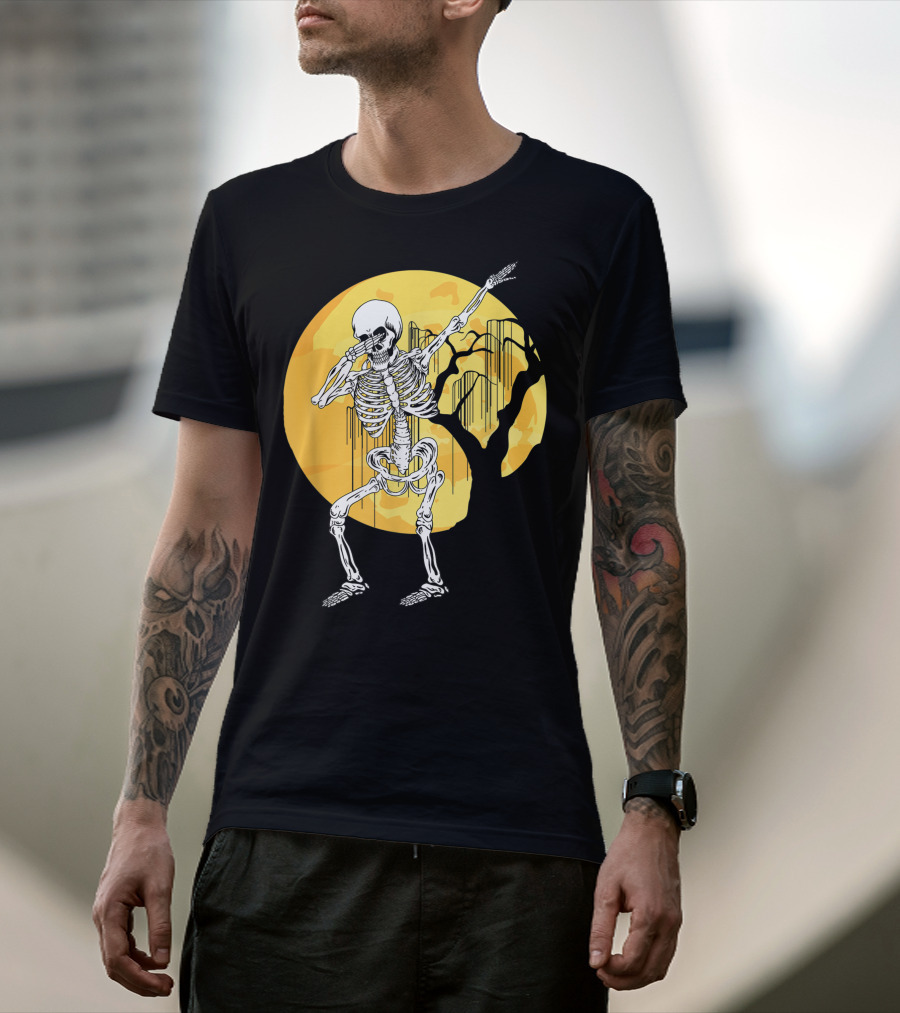 Dabbing Skeleton In Front Of Yellow Moon With Tree T-Shirt