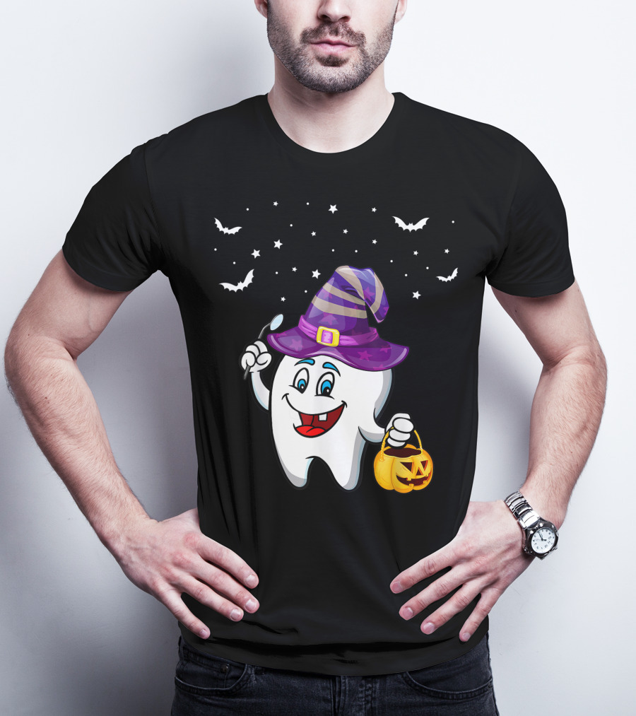 Dentist Halloween Tooth Witch Hat Pumpkin Dental Hygienist Dental Assistant T-Shirt