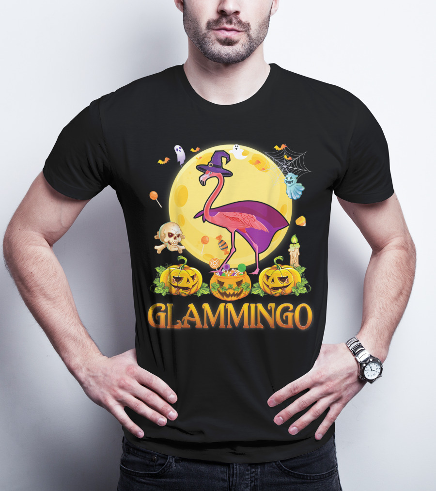 Glammingo Witch Flamingo Halloween Pumpkin Moon Ghosts Skulls Candy T-Shirt