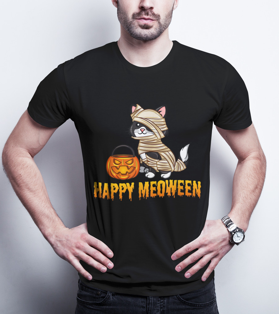 Happy Meoween Cute Cat Mummy With Pumpkin T-Shirt