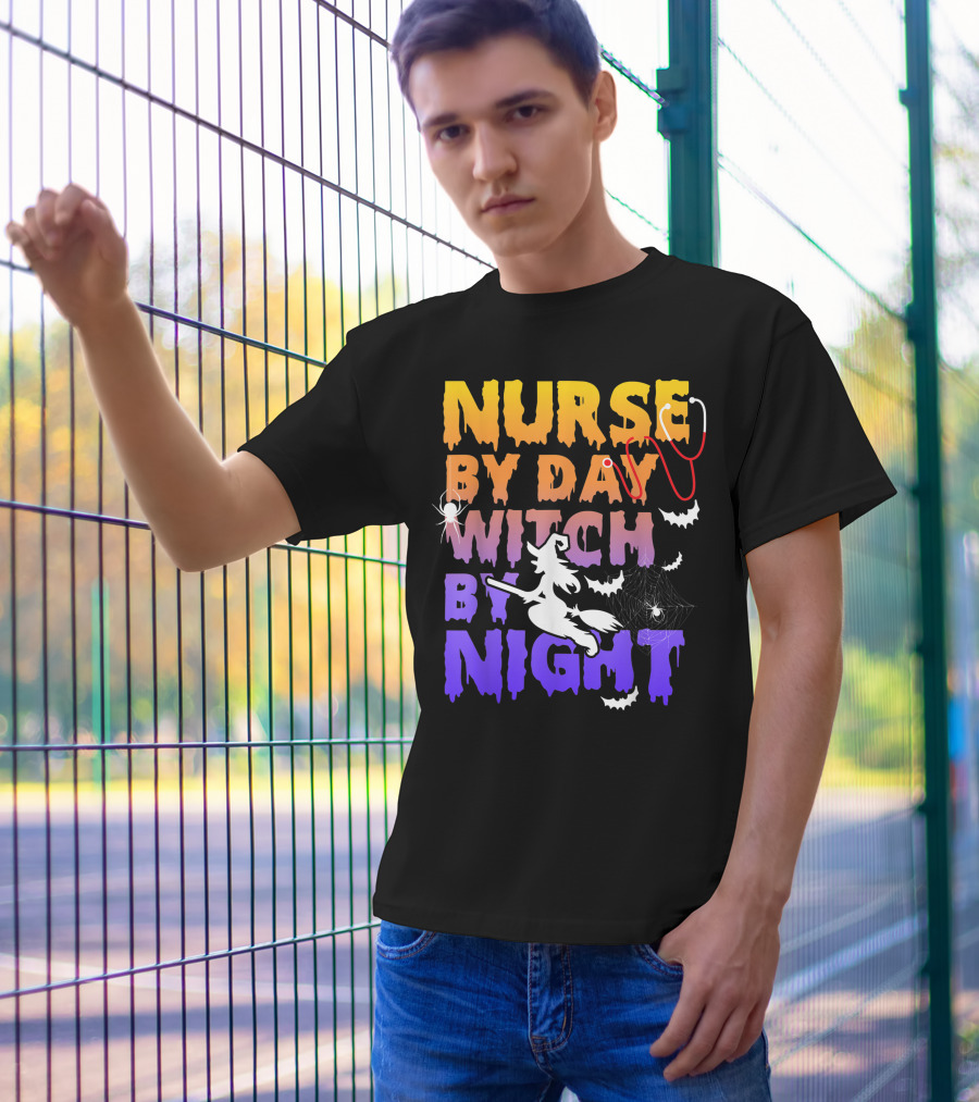 Nurse By Day Witch By Night Stethoscope Spider Bats Broomstick T-Shirt