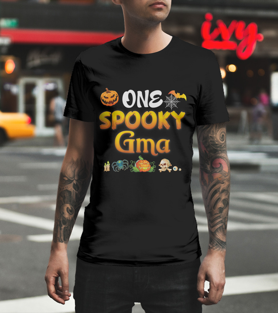 ONE Spooky Gma Scary Pumpkin Spider Web Bat Skull Candles T-Shirt