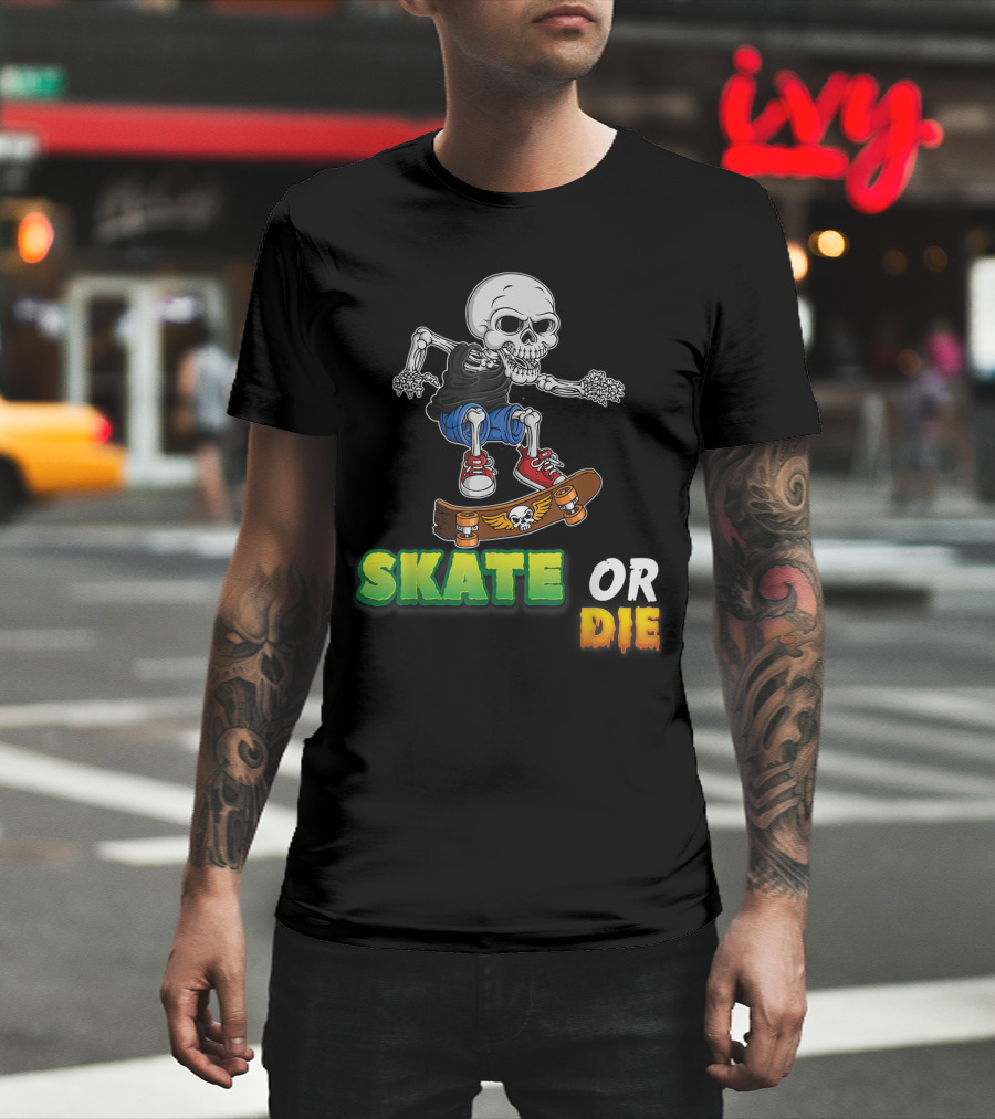 Skate Or Die Skeleton Skating Skull On Skateboard T-Shirt