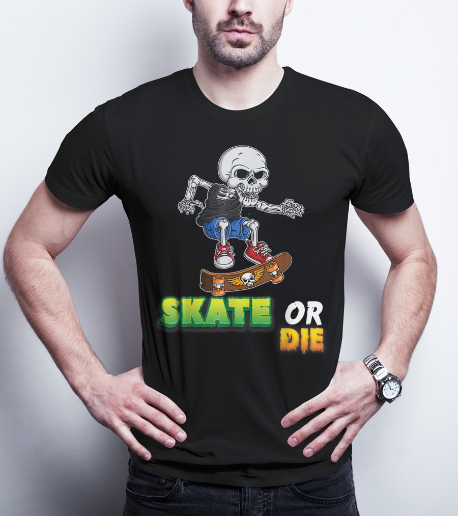 Skate Or Die Skeleton Skating Skull On Skateboard T-Shirt