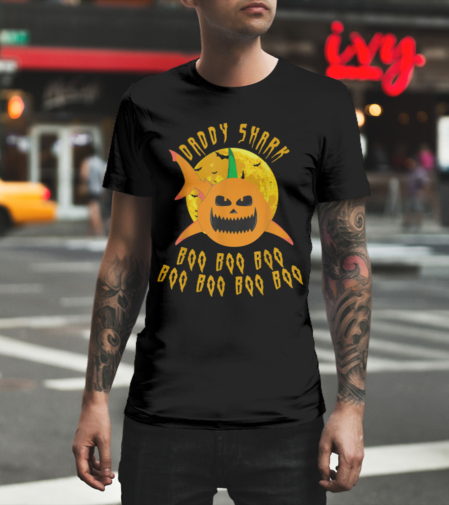 Daddy Shark Halloween Boo Boo Pumpkin Moon T-Shirt