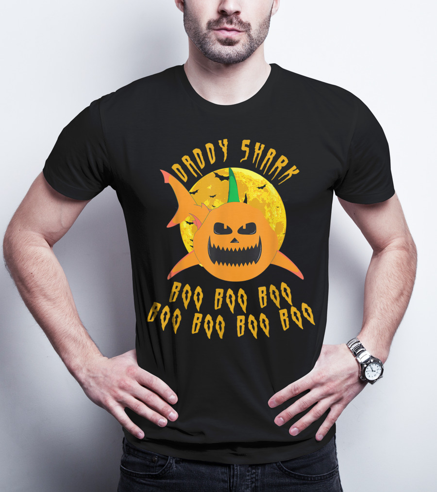 Daddy Shark Halloween Boo Boo Pumpkin Moon T-Shirt