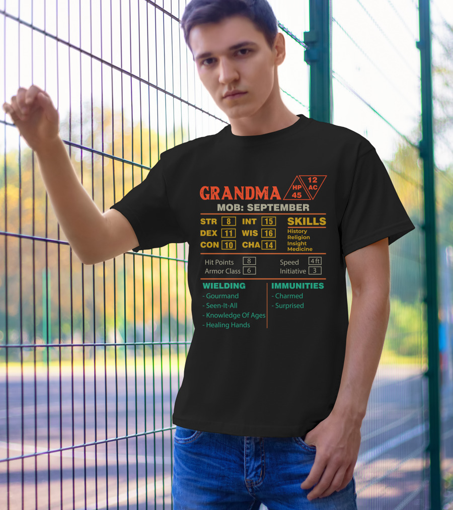 Grandma Stats September Strength Dexterity Constitution Intelligence Wisdom Charisma Skills T-Shirt