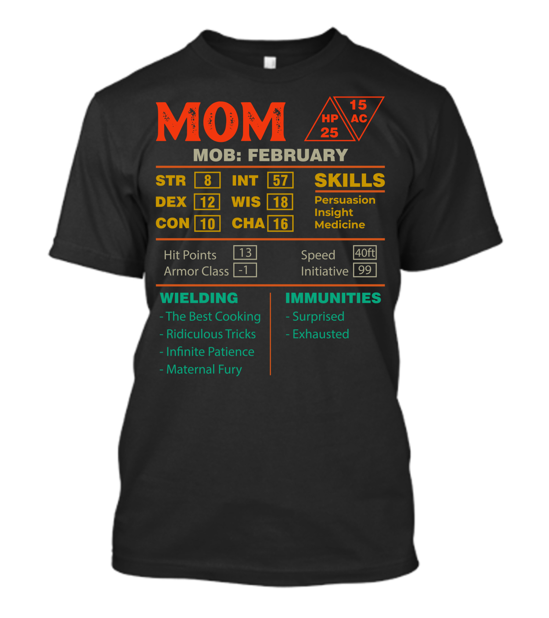 MOM Stats Character Sheet February STR INT DEX WIS CON CHA Skills Persuasion Insight Medicine Hit Points Armor Class Speed Initiative Wielding Immunities HP AC T-Shirt
