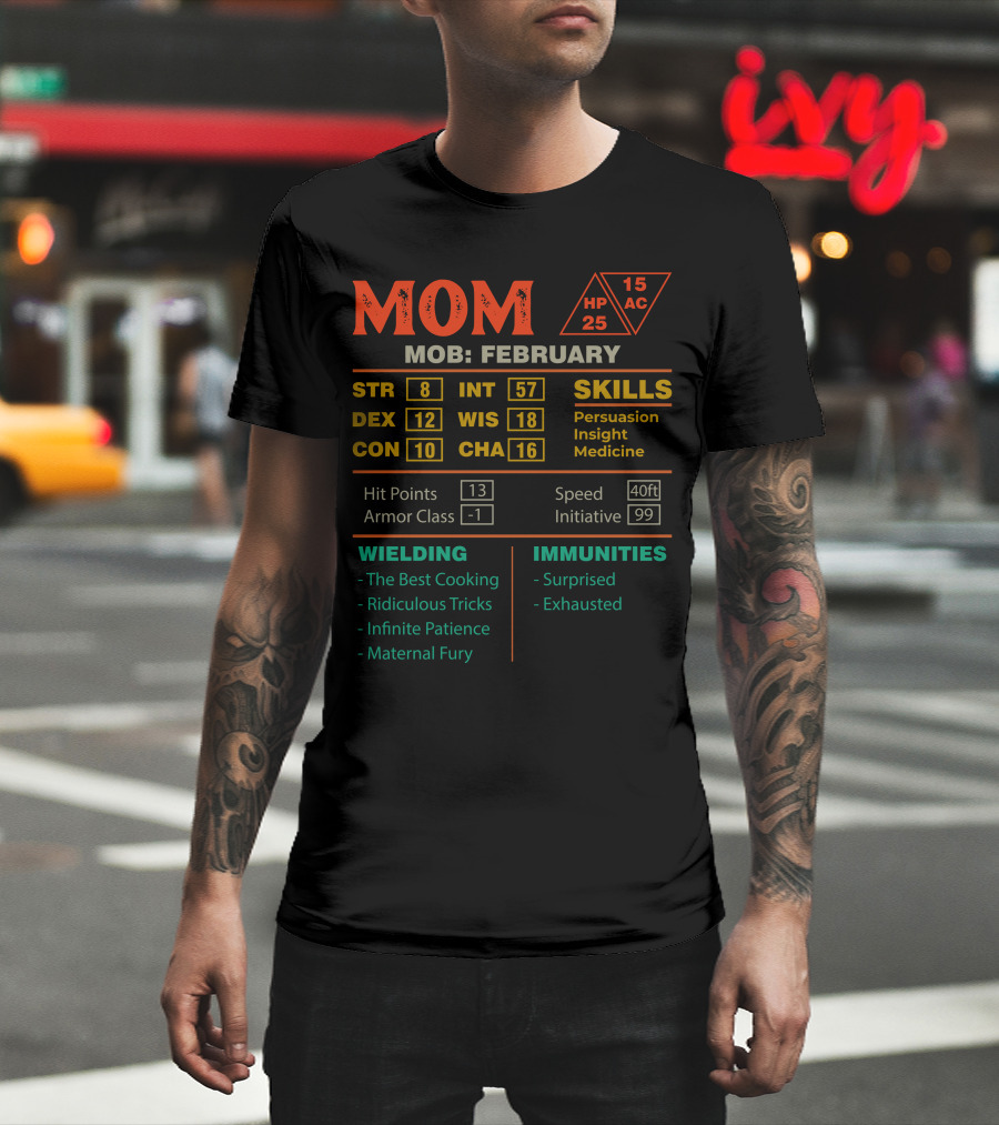 MOM Stats Character Sheet February STR INT DEX WIS CON CHA Skills Persuasion Insight Medicine Hit Points Armor Class Speed Initiative Wielding Immunities HP AC T-Shirt