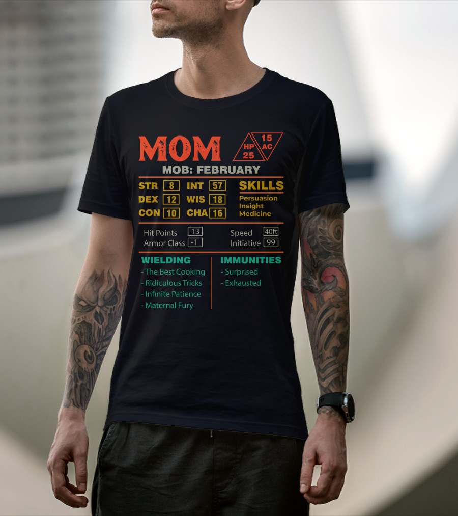 MOM Stats Character Sheet February STR INT DEX WIS CON CHA Skills Persuasion Insight Medicine Hit Points Armor Class Speed Initiative Wielding Immunities HP AC T-Shirt