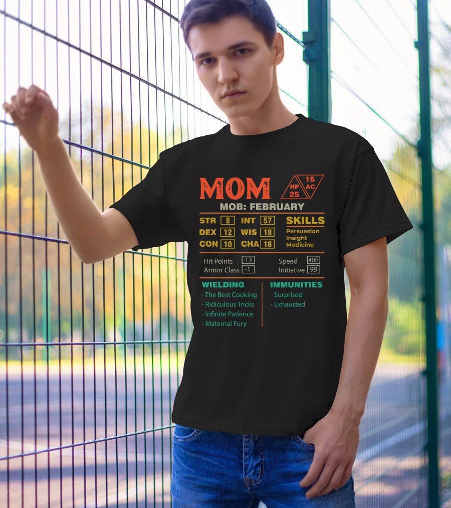 MOM Stats Character Sheet February STR INT DEX WIS CON CHA Skills Persuasion Insight Medicine Hit Points Armor Class Speed Initiative Wielding Immunities HP AC T-Shirt