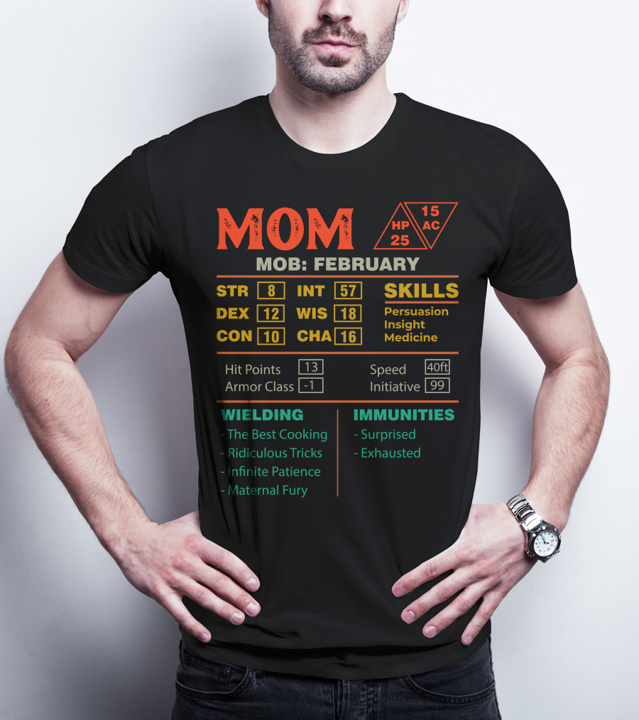 MOM Stats Character Sheet February STR INT DEX WIS CON CHA Skills Persuasion Insight Medicine Hit Points Armor Class Speed Initiative Wielding Immunities HP AC T-Shirt