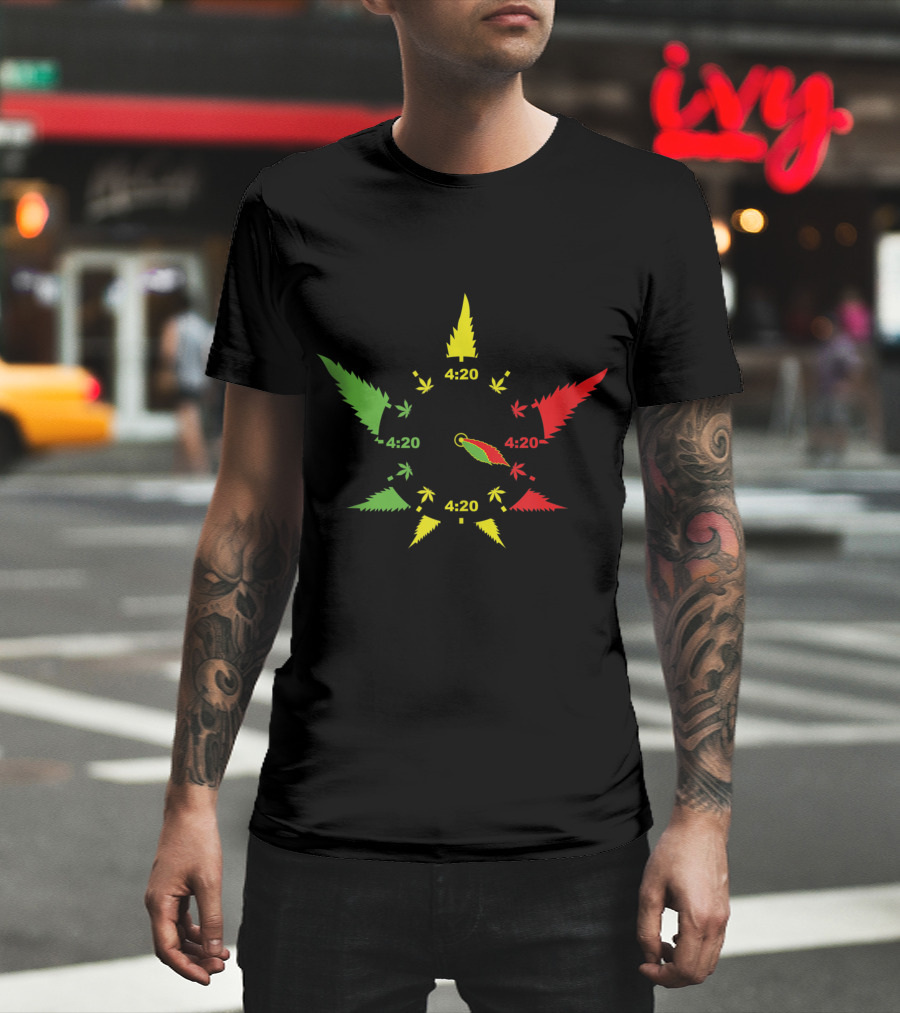 420 Cannabis Leaf Clock Red Green Yellow Subtle Stoner Smoking Weed THC Pot T-Shirt