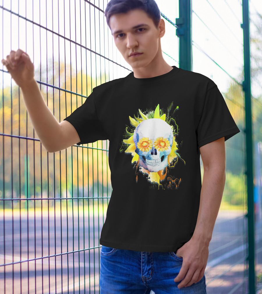 Dia De Los Muertos Halloween Sunflower Skull With Colorful Explosion Background T-Shirt