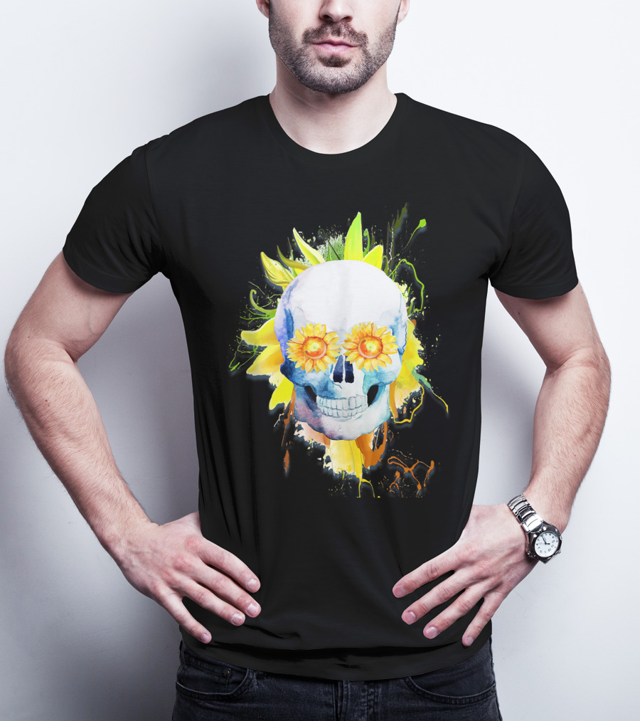 Dia De Los Muertos Halloween Sunflower Skull With Colorful Explosion Background T-Shirt