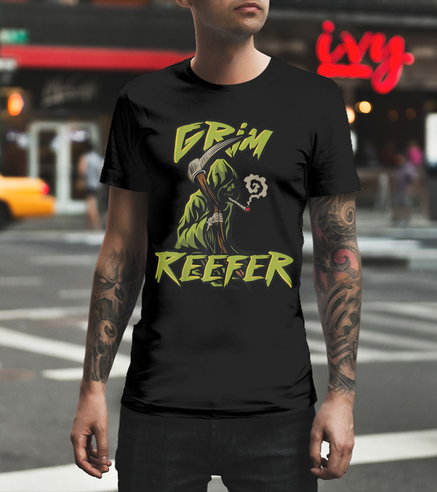 Grim Reefer Grim Reaper Smoking Weed Marijuana THC T-Shirt