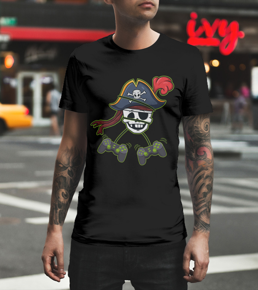 Halloween Pirate Skeleton Video Gamer Controllers Playful Skull Hat T-Shirt