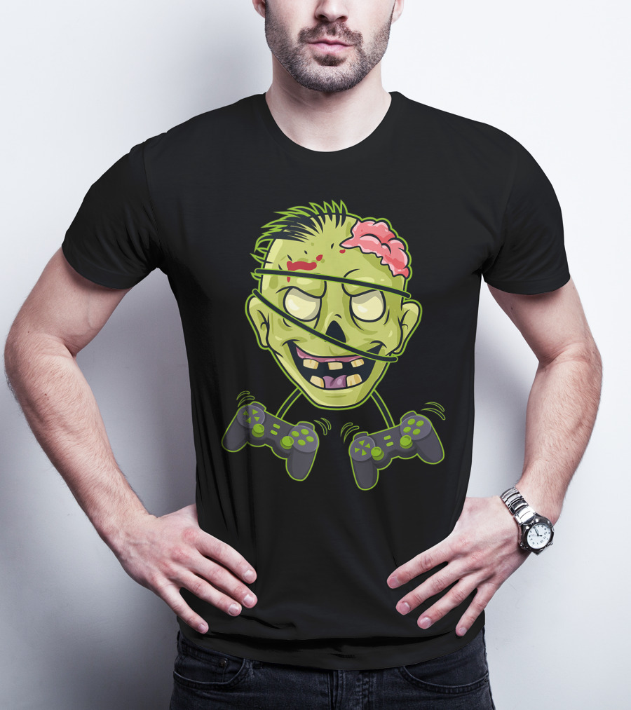 Halloween Zombie Gamer Controller Head With Split Expression T-Shirt