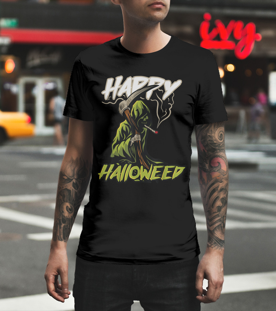 Happy Halloweed Grim Reaper Smoking Weed Cannabis T-Shirt
