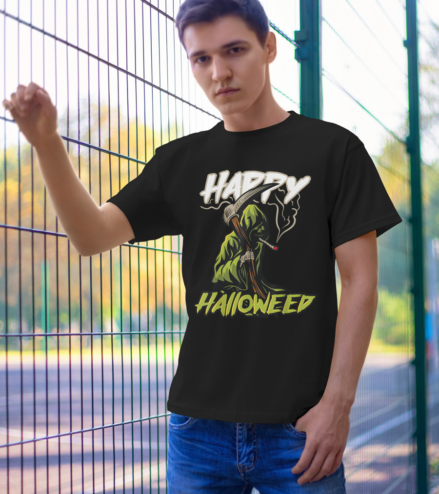 Happy Halloweed Grim Reaper Smoking Weed Cannabis T-Shirt
