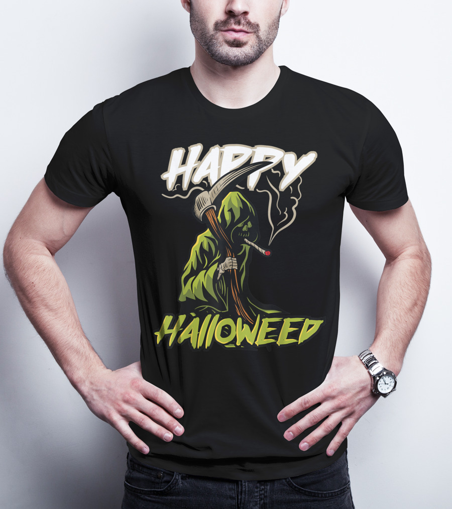 Happy Halloweed Grim Reaper Smoking Weed Cannabis T-Shirt
