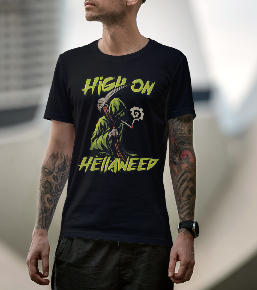 High On Hellaweed Grim Reaper Smoking Weed THC CBD T-Shirt