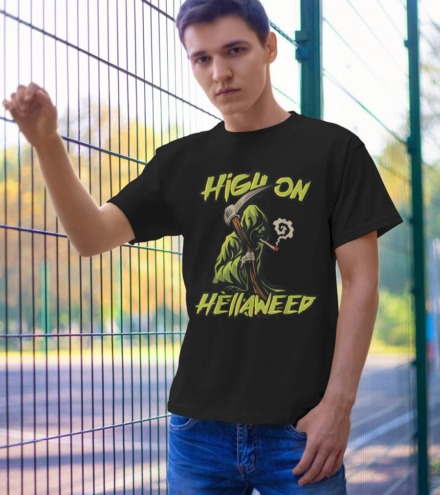 High On Hellaweed Grim Reaper Smoking Weed THC CBD T-Shirt