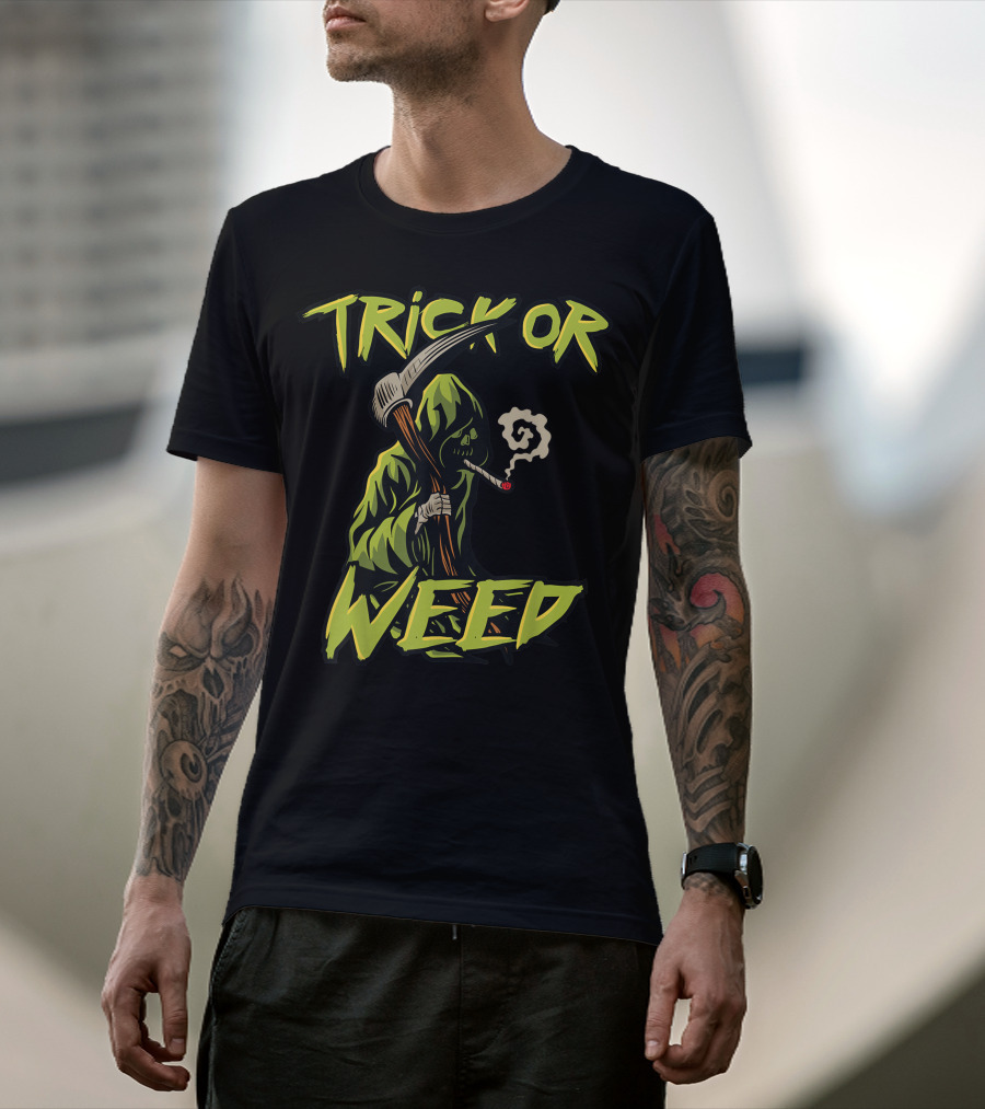 Trick Or Weed Grim Reaper Smoking Cannabis Joint T-Shirt