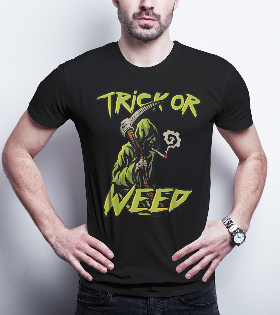 Trick Or Weed Grim Reaper Smoking Cannabis Joint T-Shirt