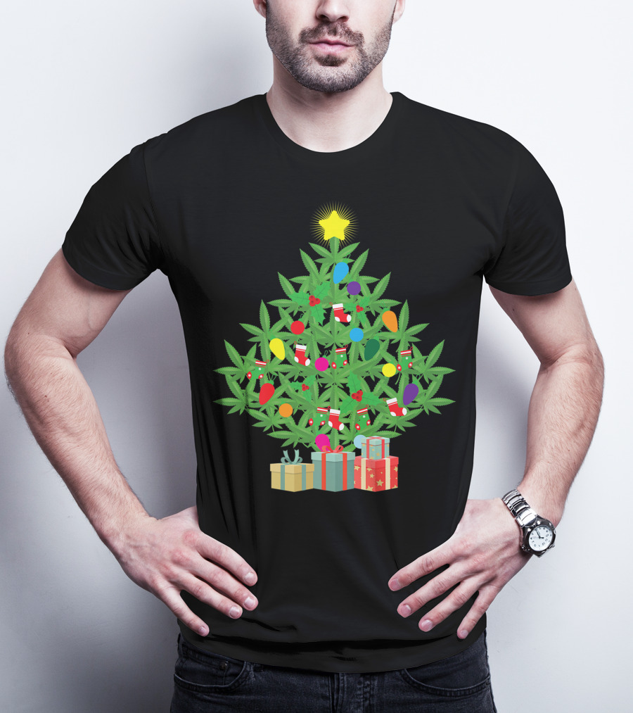 Cannabis Leaf Christmas Tree With Star And Colorful Holiday Lights T-Shirt