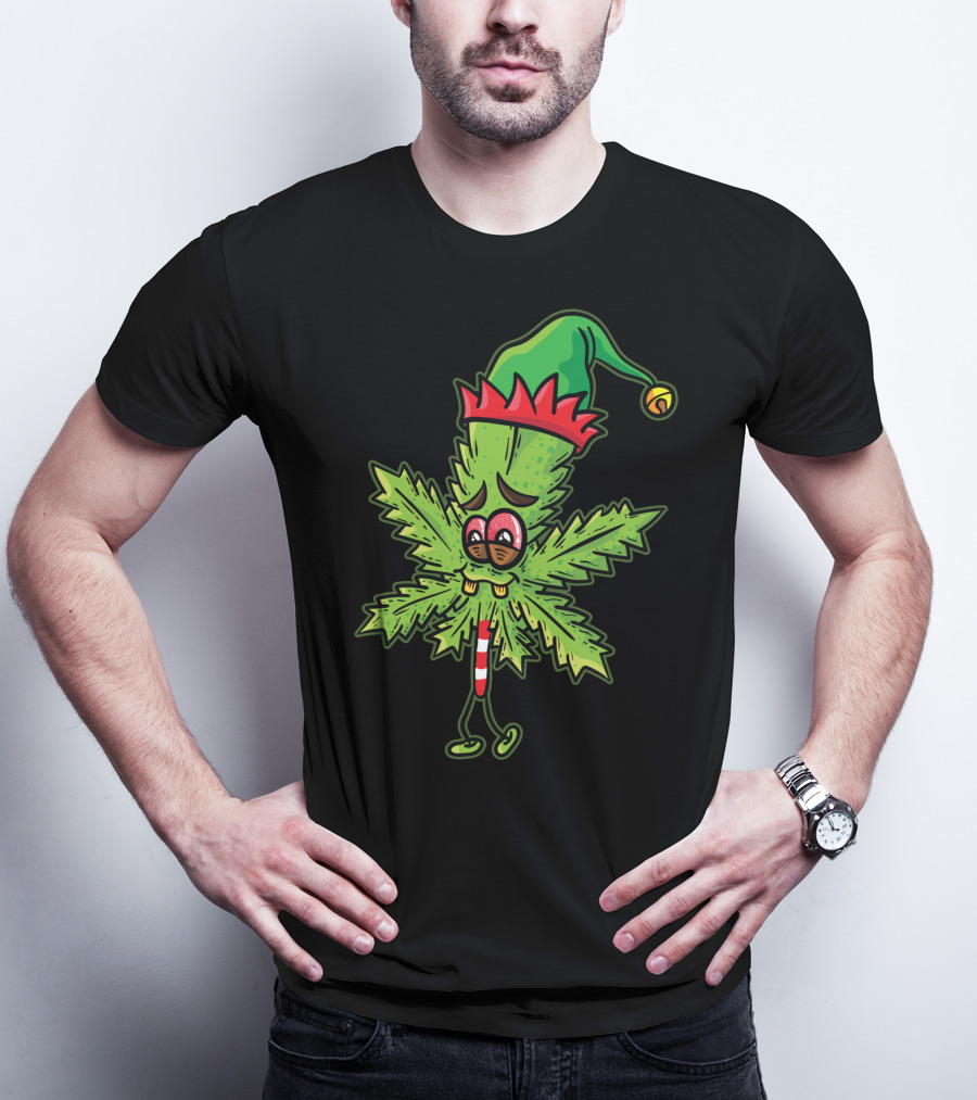Stoned Elf Cannabis Leaf With Festive Hat Smoking Weed Elves T-Shirt