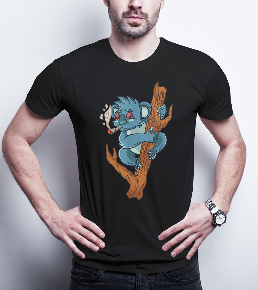 Koala Smoking Weed Cannabis Stoner Marihuana Bear Don't Care Trippy Eyes Tree Hugging T-Shirt