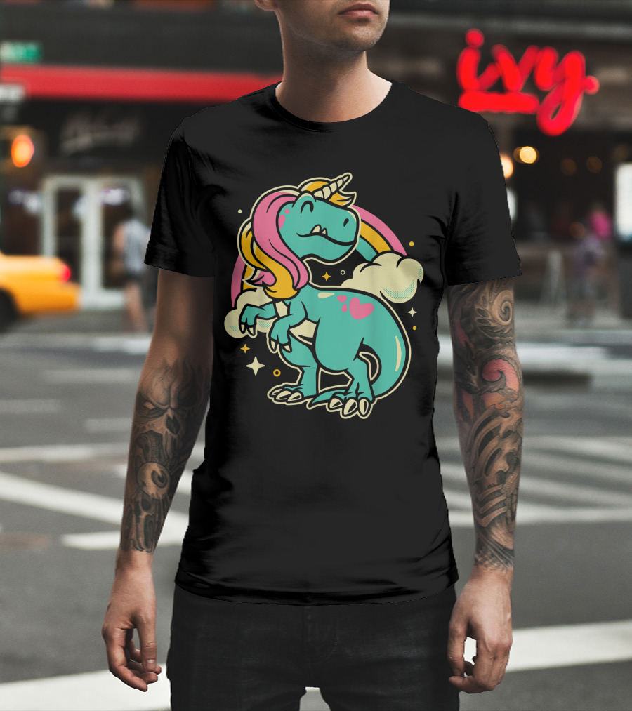 Majestic Unicornasaurus Rex Rainbow Dinosaur With Pink Heart T-Shirt