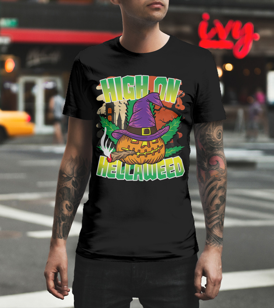 High On Hellaweed Pumpkin Smoking Weed THC Halloween Stoner T-Shirt