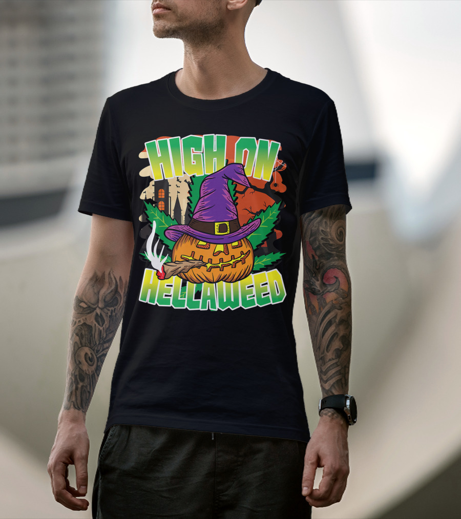 High On Hellaweed Pumpkin Smoking Weed THC Halloween Stoner T-Shirt
