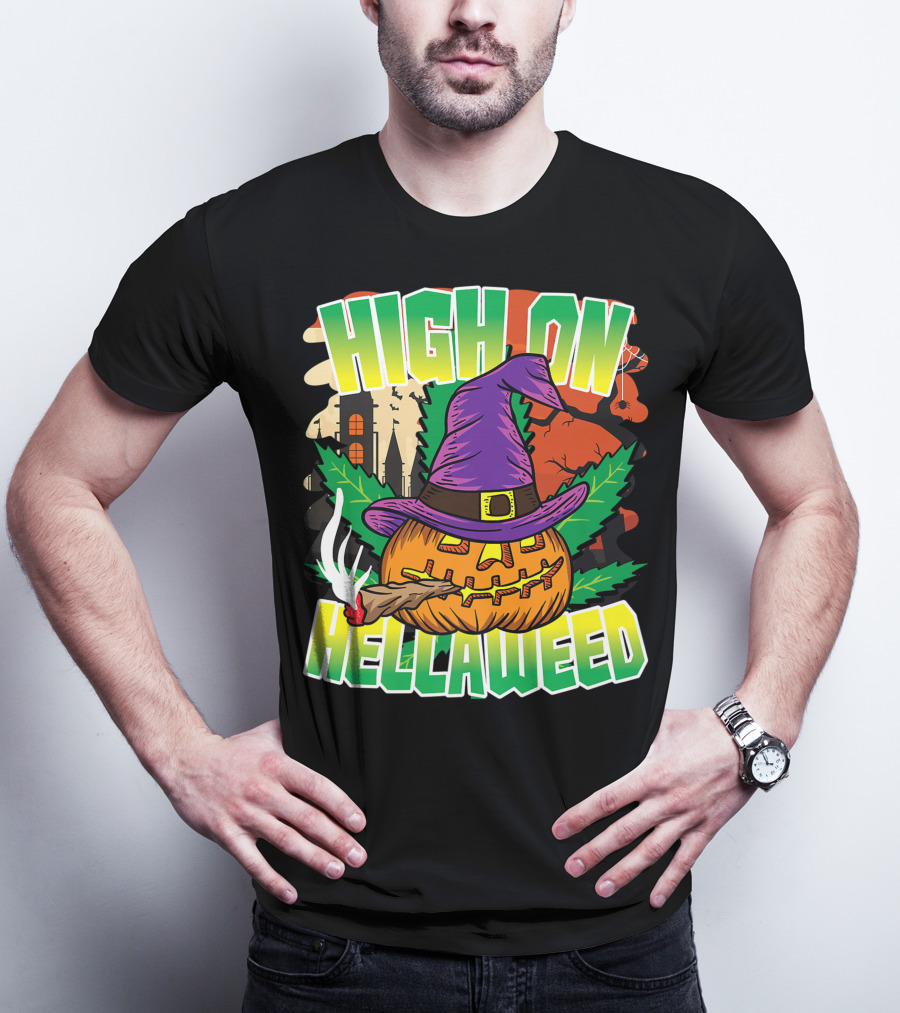 High On Hellaweed Pumpkin Smoking Weed THC Halloween Stoner T-Shirt