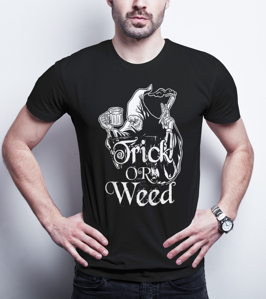 Trick Or Weed Skeleton Grim Reaper Smoking Ganja T-Shirt