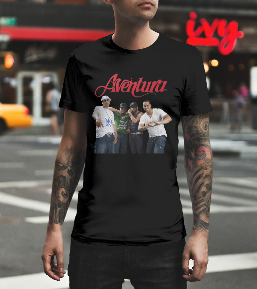 Aventura Band Red Script Logo Casual Group Photo T-Shirt