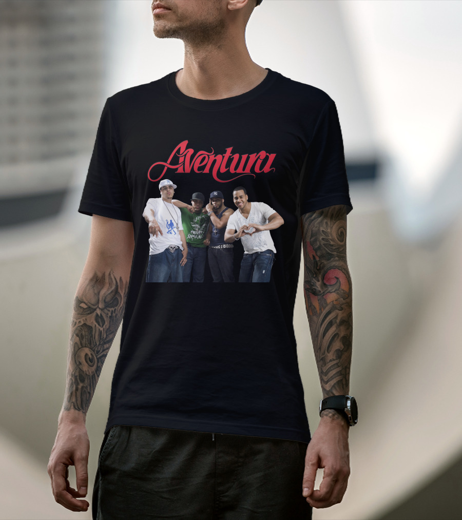 Aventura Band Red Script Logo Casual Group Photo T-Shirt