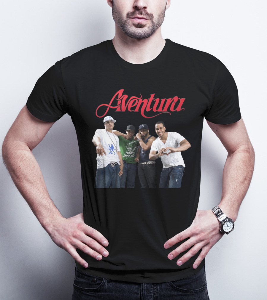 Aventura Band Red Script Logo Casual Group Photo T-Shirt