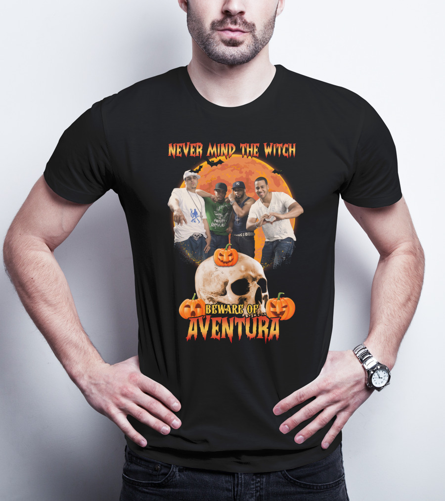 Never Mind The Witch Beware Of Aventura Halloween Pumpkin Skull Scene T-Shirt