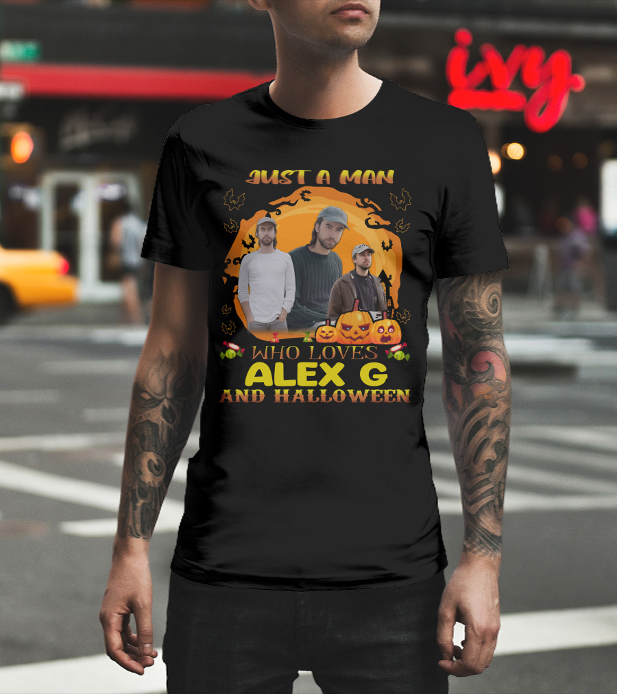 Just A Man Who Loves Alex G And Halloween Pumpkin Candy Bats Scene T-Shirt