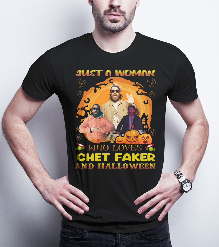 Just A Woman Who Loves Chet Faker And Halloween With Pumpkins And Bats T-Shirt