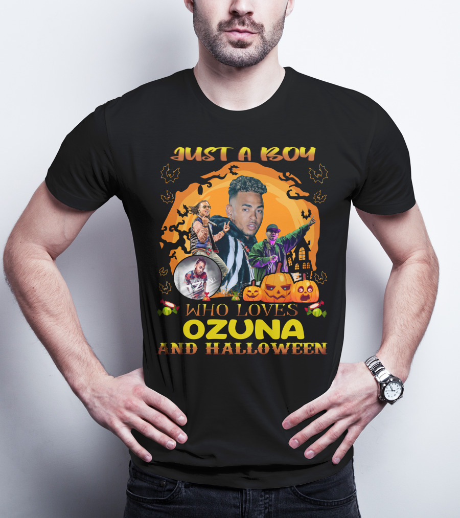 Just A Boy Who Loves Ozuna And Halloween Pumpkins Bats And Haunted House T-Shirt