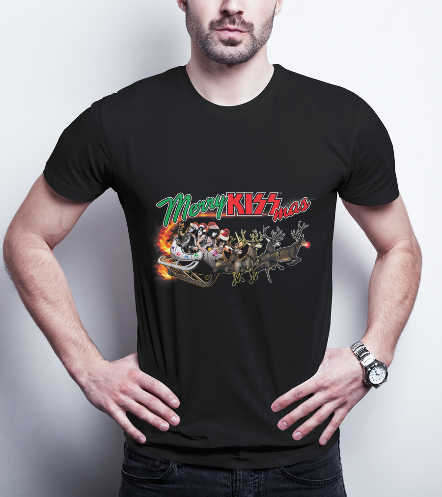 Merry KISSmas Sleigh With Santa And Reindeer T-Shirt