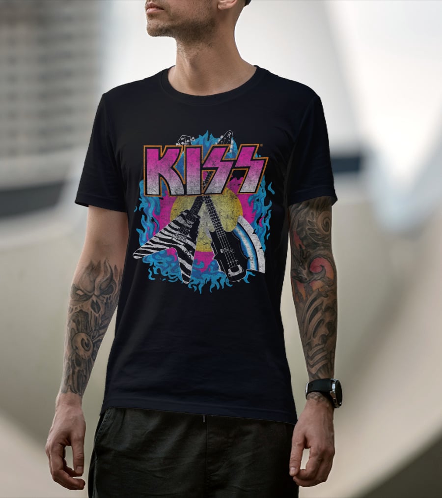 KISS Young Wasted Zebra Stripe Flying V And Bass With Flaming Background T-Shirt