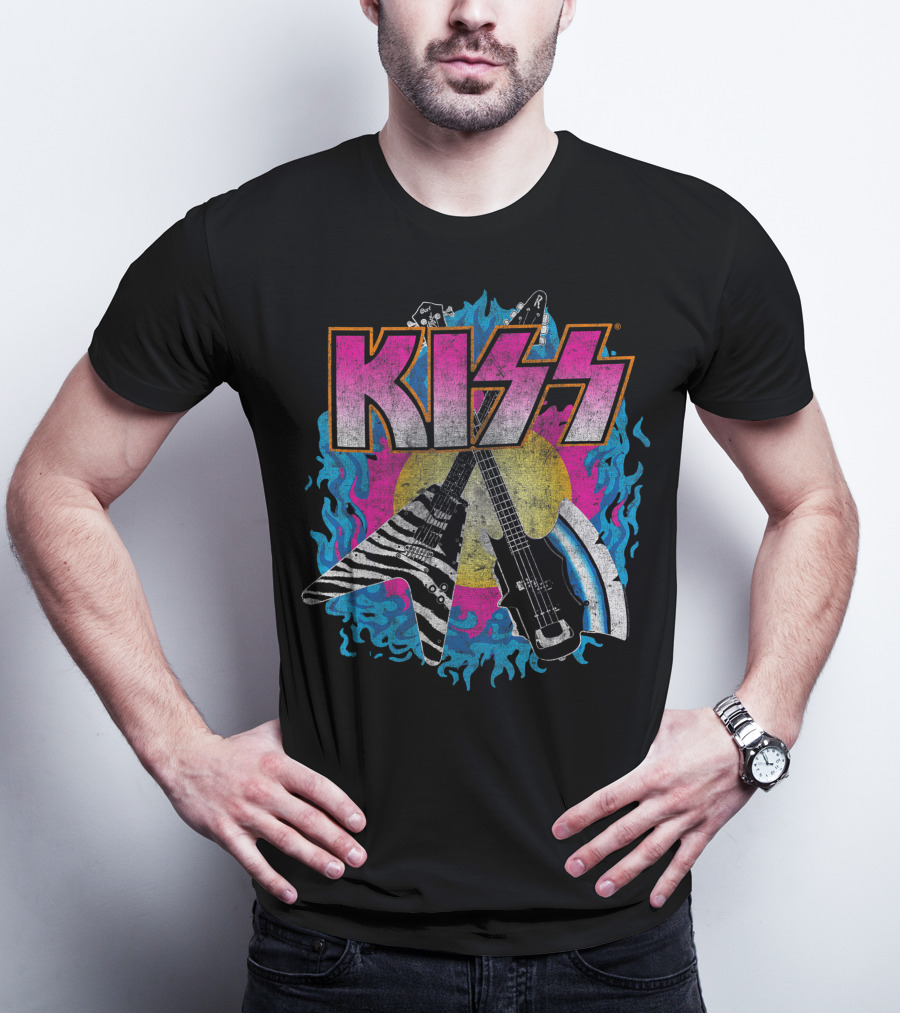 KISS Young Wasted Zebra Stripe Flying V And Bass With Flaming Background T-Shirt